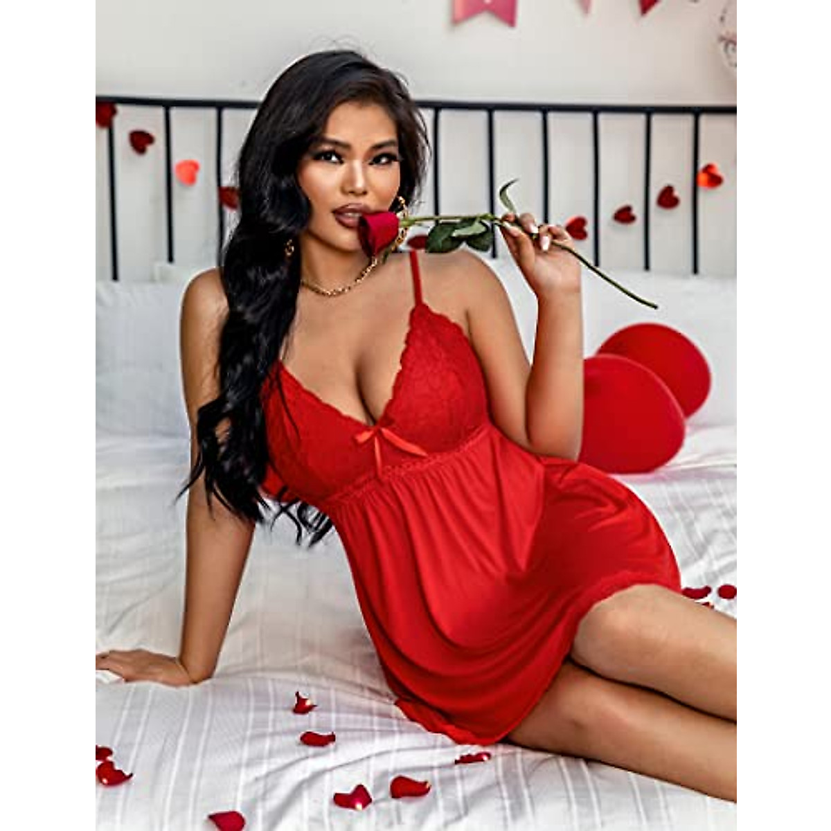 Avidlove Nightgown for Women Lace Christmas Red Nighty Sexy Chemise Nightwear Soft Night Slip(Christmas Red,XL)