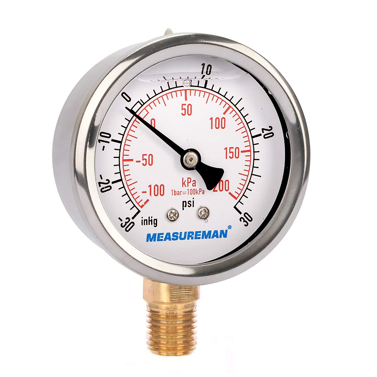 MEASUREMAN 2-1/2" dial,Glycerin Filled, Stainless Steel case, Brass Inside, 30inHg/-100kpa-0-30psi/200kpa,1/4"NPT Lower Mount