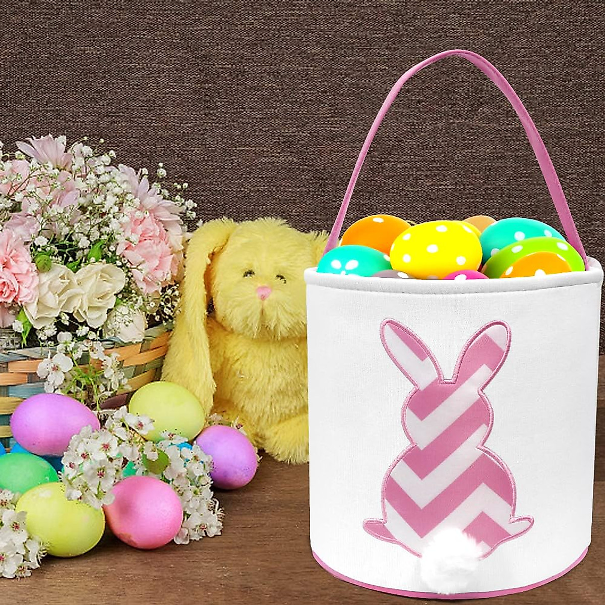 AOUTACC 3 Pack Easter Bunny Baskets, Easter Egg Hunt Bunny Bags Little Baskets with Fluffy Tail Canvas Cotton Rabbit Handbag Bucket Tote Bag for Kids Girls (Style 3,Pink + Green + Blue)