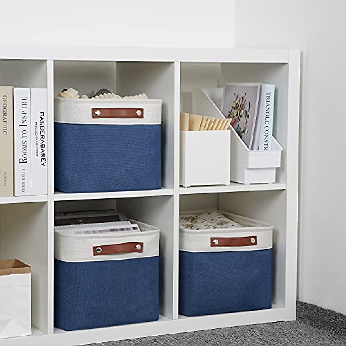 DULLEMELO Collapsible Bundle Baskets 3 Medium Baskets 15"x11"x9.5" + 2 Narrow Baskets 15"x6"x5.5"（White&Blue)