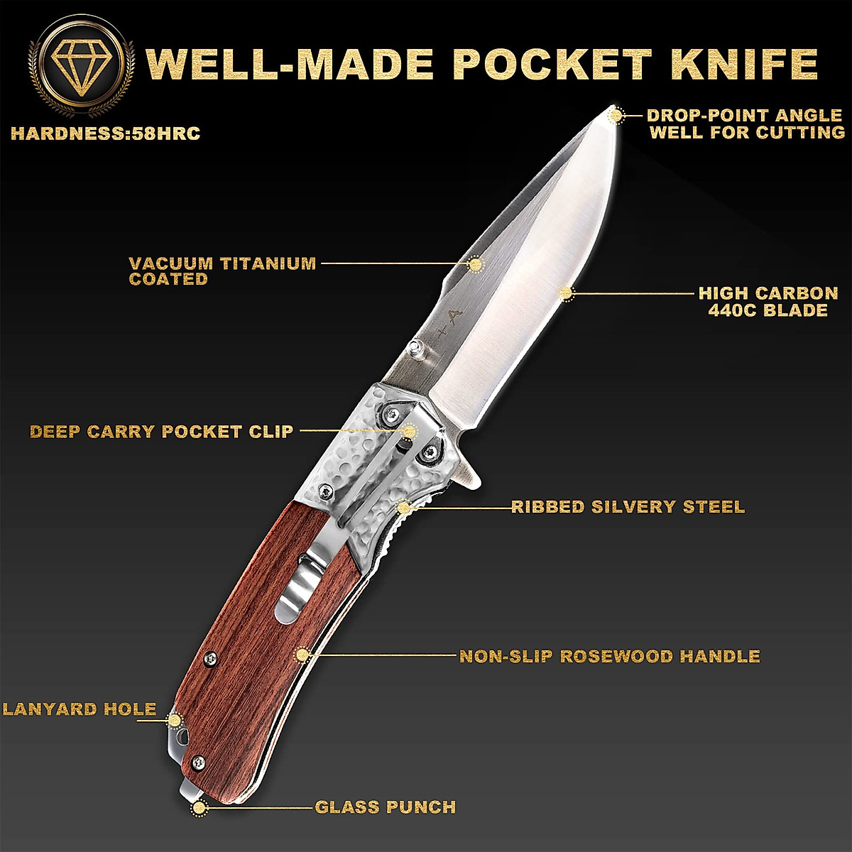 A+ Choice Pocket Knife Sharp Folding Knives - 4" 440C Stainless Steel Clip Point Blade with Pocket Clip, Wood Handle, Glass Breaker - Best Camping Hiking Fishing Work Knofe
