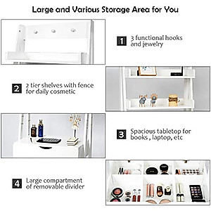 CHARMAID 3-in-1 Vanity Set with Flip Top Mirror, 6 Makeup Organizers, 2 Storage Shelves, 3 Hat Hooks Vanity Table Desk Bookshelf with Cushioned Stool, Ladder Desk Makeup Vanity for Small Spaces, White
