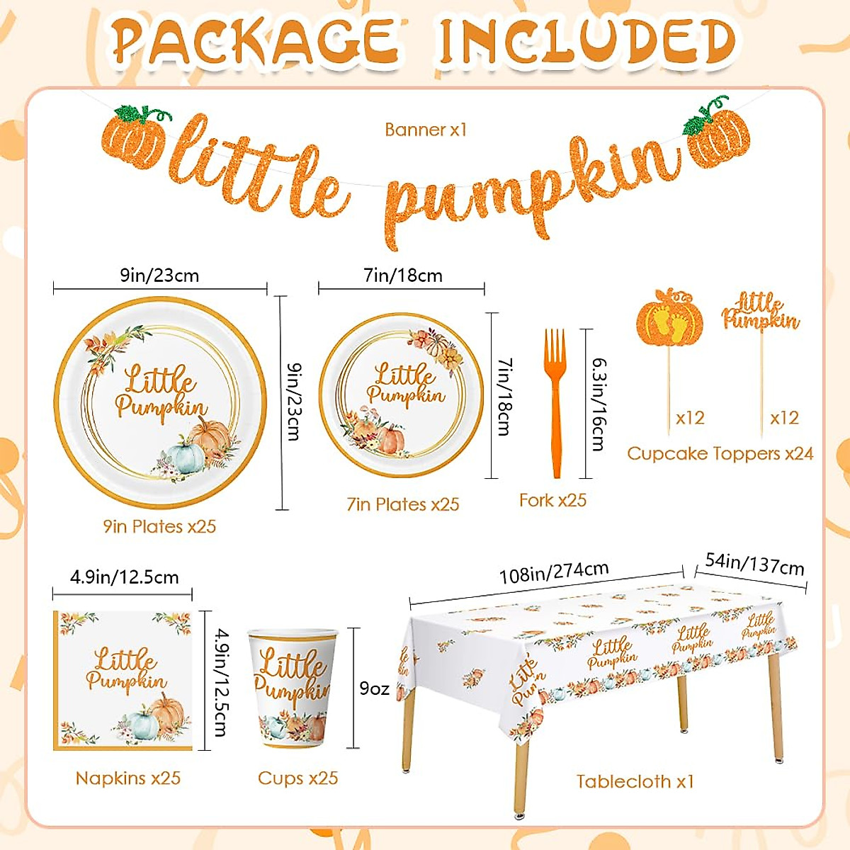 Little Pumpkin Baby Shower Party Decorations Set Serves 25, Little Pumpkin Baby Shower Plates and Cups, A Little Pumpkin is On The Way Baby Shower, Boy Girl Little Pumpkin 1st Birthday Party Supplies