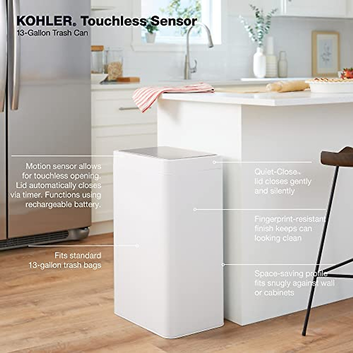 KOHLER 23825-STW 13-Gallon SensorCan, Kitchen Trash Can with Sensor-Activated Lid, Touchless Trash Can with Quiet Close Lid, Stainless Steel and White