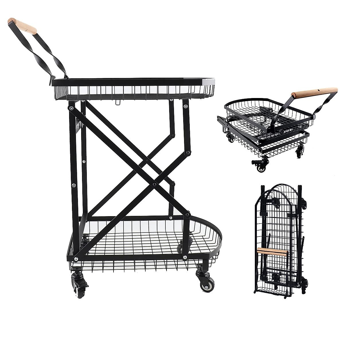 CYJZWOH Multi Use Functional Collapsible Carts, 2-Tier Metal Mobile Folding Trolley Shopping Cart, with Wooden Handle, Lockable Wheels for Office, Living Room, Kitchen, Picnic(Black)