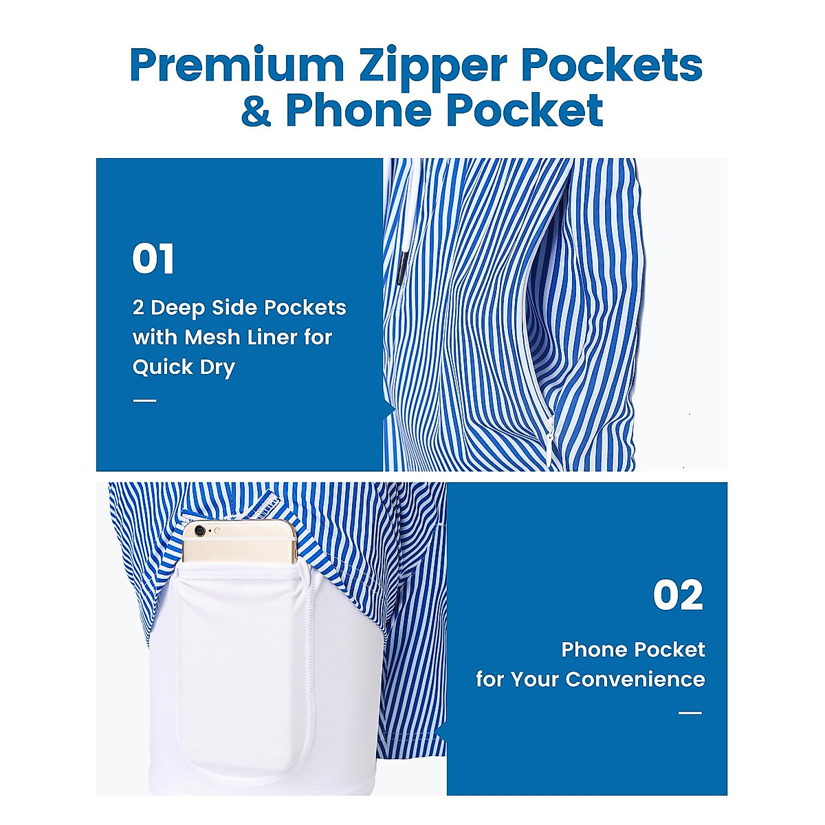 maamgic Mens Swim Trunks with Compression Liner 5" Stretch Beach Shorts Quick Dry with Zipper Pockets No-Chafing Board Shorts Blue White Stripe M