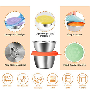 5×1.6oz Salad Dressing Container To Go for Lunch Box, Small Condiment Containers with Lids, Mini Stainless Sauce Cups Snack Food Storage Meal Prep Containers Reusable Bento Box Accessories Kids Adult