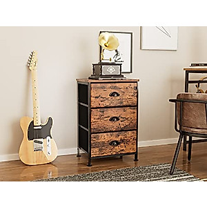 Furologee Nightstand with 3 Fabric Drawers, Tall End Table, Bedside Table for Storage, Small Dresser for Bedroom, Wooden Top for Living Room/Bedroom/Closet, Rustic Brown