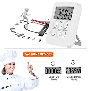 Digital Kitchen Timer with Mute/Lound Alarm Switch,3 in 1 Multifunctional Clock Alarm Count UP/Down Timer,24-Hours Memory Function Magnetic Timer for Cooking Learning(White)