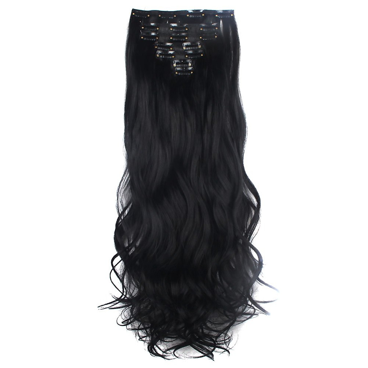 Lelinta 7Pcs 16 Clips 24 Inch Wavy Curly Full Head Clip in on Double Weft Hair Extensions, Dark Black, 24 Inch