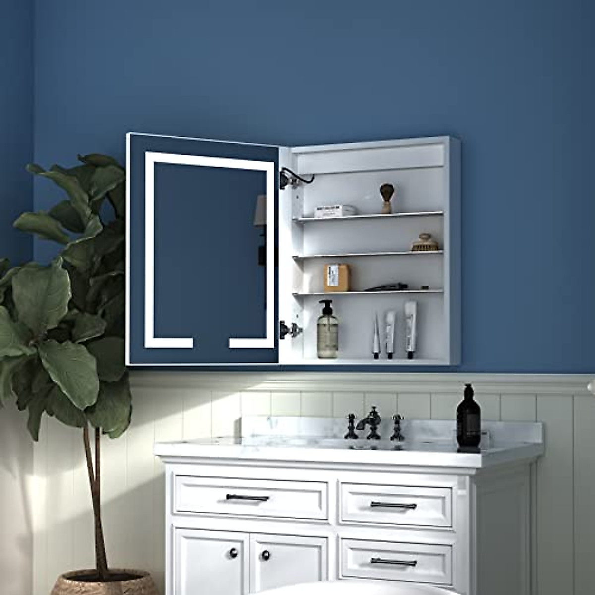 ExBrite LED Lighted Bathroom Medicine Cabinet with Mirror, 24 x 30 Inch, Recessed or Surface led Medicine Cabinet, Defog, Stepless Dimming,Color Temper Change, 2 Outlets, Storage Shelves, Left Hinge