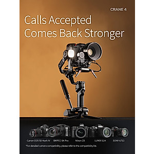 ZHIYUN Crane 4 Combo, 3-Axis Gimbal Stabilizer for DSLR and Mirrorless Camera, Nikon Sony Panasonic Canon Fujifilm BMPCC 6K, Fill Light, PD Fast Charge