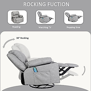 KCREAM Swivel Recliner Chairs with Massage and Heat,Leather Recliner Chairs Sofa Rocker Chair with Side Pocket Manual Reclining Chair Rocking Recliner with Drink Holders for Living Room,Grey