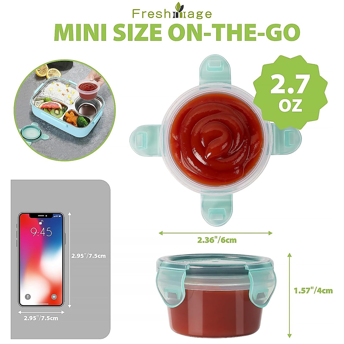 Freshmage Condiment Containers with Lids, 6 Pack 2.7 oz Reusable Leakproof Salad Dressing Container To Go Mini Meal Prep Sauce Cups