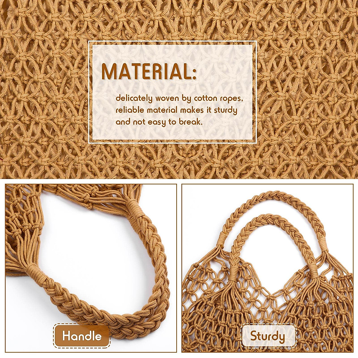 Travel Beach Fishing Net Handbag Woven Shoulder Bag Cotton Rope Macrame Bag Mesh Beach Bag Crochet Knit Purse for Women(Camel)