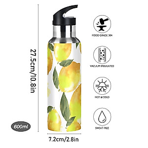 Water Bottle with Straw Lid Leak Lemon Yellow Limon Tropical Fruit Stainless Steel Metal Double Wall Insulated Thermos Vacuum Flask for Cold Hot Drinking for Sports, Camping, Gym, Yoga