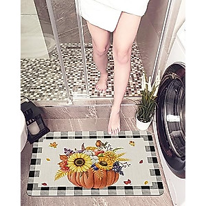 Bathroom Floor Shower Mat, Non-Slip Small Rugs - Easy to Clean, Thanksgiving Pumpkin Sunflower Maple Leaf Durable Bath Rug 16"x24" Washable Quick Dry Diatomaceous Earth Mats for Bathtubs