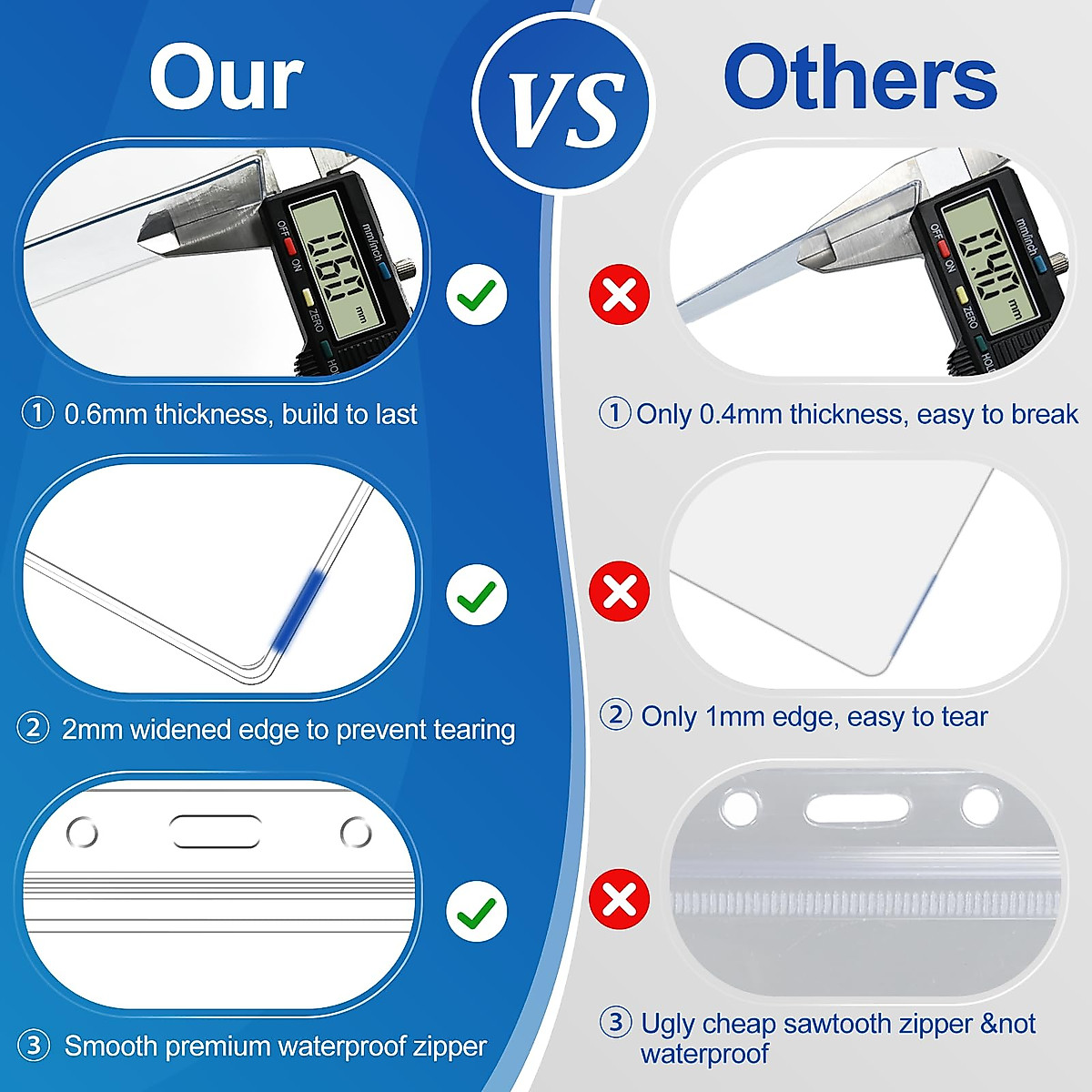 10 Pcs Clear Plastic Heavy Duty Vertical Name Badge ID Card Holders with Waterproof Resealable Zip, Plastic Name Tag Holder