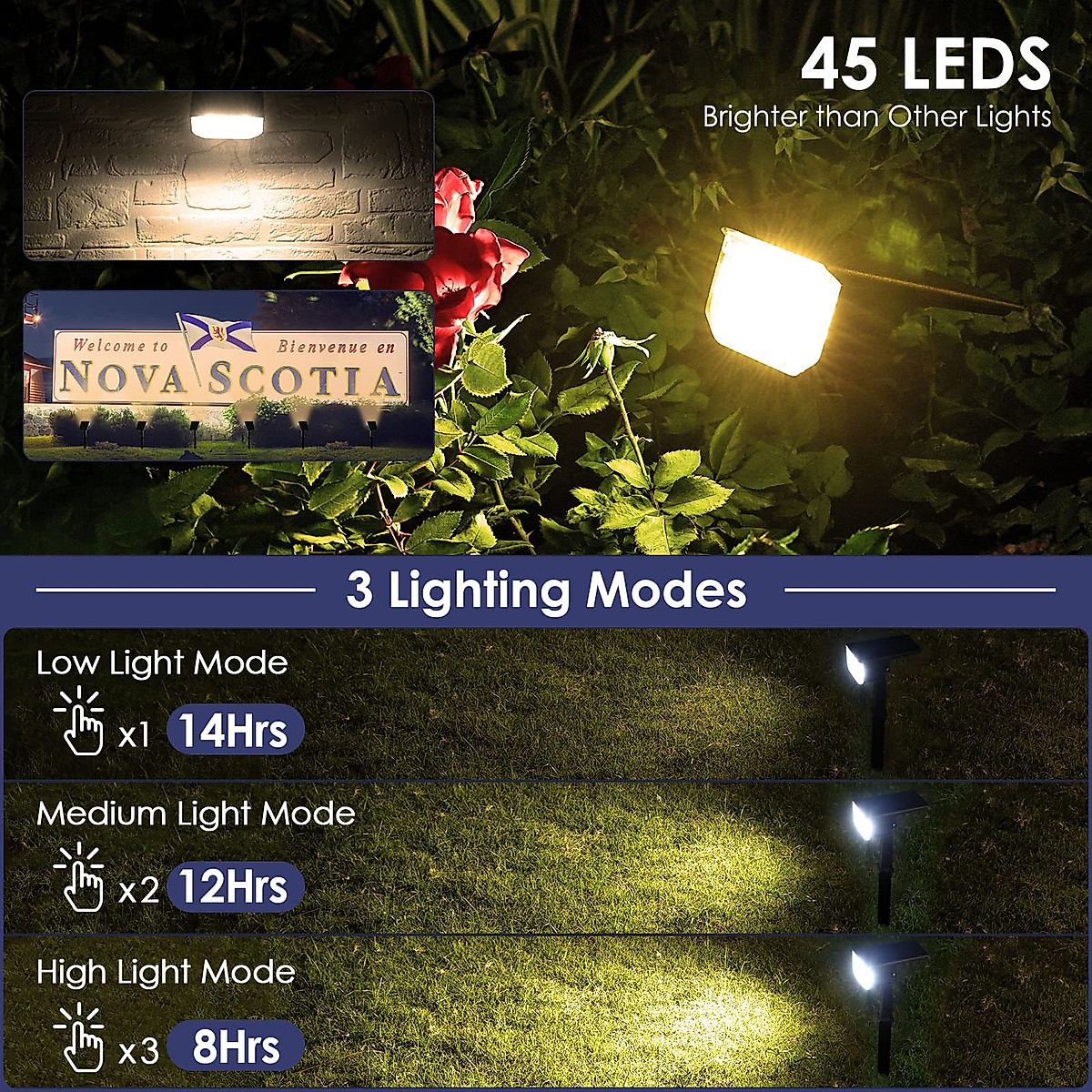 LOONHIM Solar Spot Lights Outdoor Garden IP65 Waterproof, 45 LEDs USB & Solar Powered Landscape Spotlight, 3 Modes Warm White Auto ON/Off House Lights, Bright Lighting for Yard, Tree, Flagpole, 4 Pack