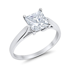 Blue Apple Co. Simulated Cubic Zirconia Size-7 Solitaire Wedding Engagement Bridal Ring Princess Cut Square CZ 925 Sterling Silver