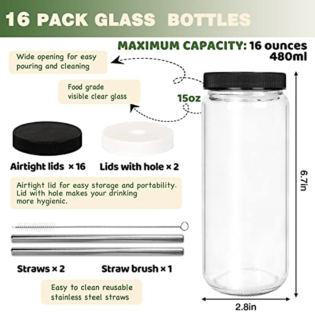 TOMNK 16 Pack 16oz Glass Juice Bottles with Lids and Straws Travel Drinking Glass Bottles with Caps Reusable Juice Jars Smoothie Cups for Tea, Kombucha, Boba Milk, Fruit Drinks, Beverage