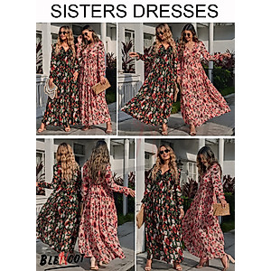 BLENCOT Womens Casual Floral Deep V Neck Long Sleeve Long Evening Dress Cocktail Party Maxi Wedding Dresses Floral Pattern Red Large
