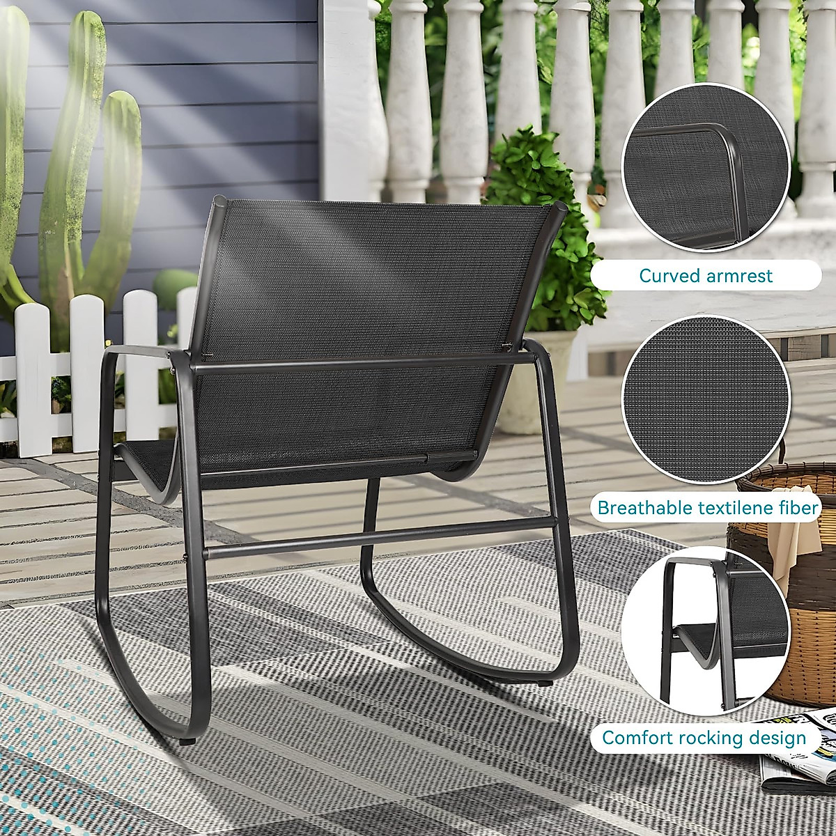 Incbruce Patio 3 Pieces Rocking Bistro Set, Textilene Outdoor Furniture Set with 2PCS Rocking Chair & Glass Coffee Table, Classic Black