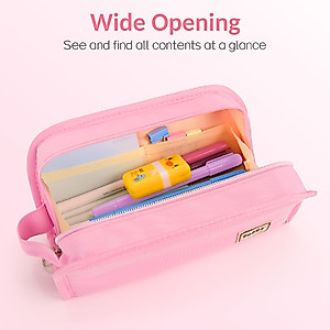 Sooez Wide Opening Pencil Pen Case,Large Capacity Zipper Pouch,Aesthetic Bag School Supplies,Compact Stationery Organizer Marker Pouch Makeup Girls Adult School,Blue & Pink Edge(SZA0314-0002A)