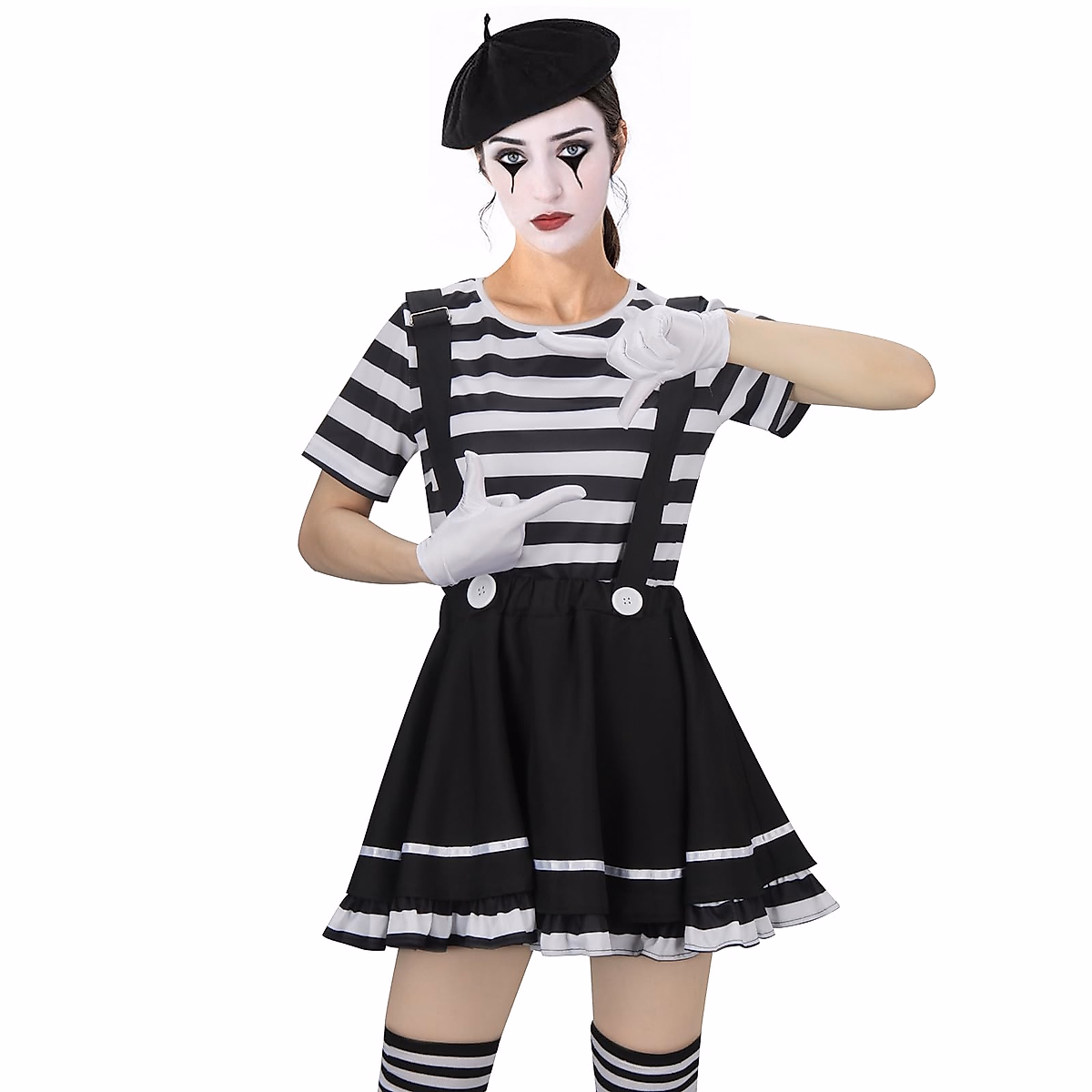 SOLOTIMES Adult Women French Mime Costume Outfit Girls Paris Artist Halloween Cosplay Shirt Dress Beret Socks Gloves Suit Set (Large)