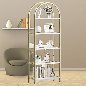 Gyabnw Bookshelf, 5-Tier Arched Bookcase with Metal Frame, Open Modern Bookcase Shelf Storage Organizer for Bedroom, Study, Living Room, and Office(White, Gold)