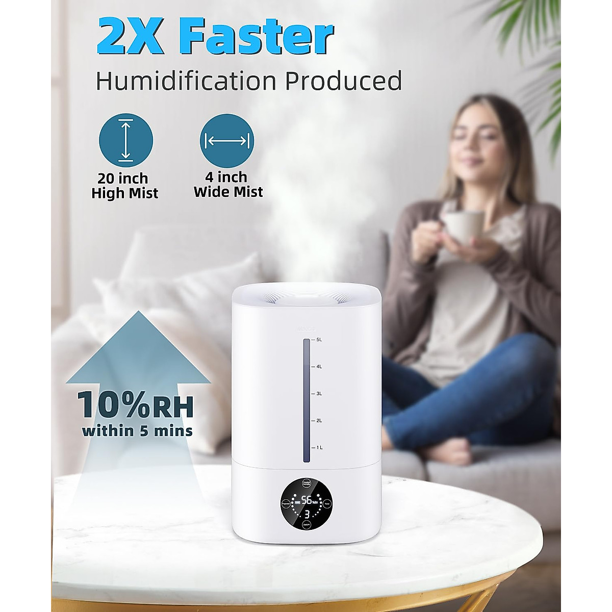 5L Humidifiers for Bedroom, 50H Runtime Humidifier for Large Room, Ultra-Quiet 28dB Cool Mist Air Humidifier for Home Baby Nursery & Plants, Auto Shut-off and BPA-Free for Safety, Easy to Clean