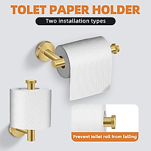 5 PCS Matte Black Bathroom Hardware Set,304 Stainless Steel Towel Rack Set Round Wall Mounted Includes 16" Hand Towel Bar,Toilet Paper Holder,3 Towel Hooks Bathroom Accessories Kit (Gold)