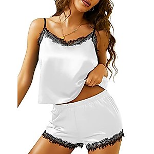 Ekouaer Sexy Lace Silk Satin Pajamas Cami Lingerie Sets 2 Piece Pjs Sleepwear Loungewear Bridal Gift for Women White Medium