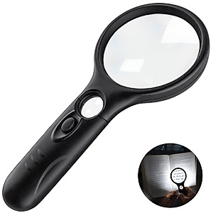 SeeZoom Lighted Magnifying Glass 3X 45x Magnifier Lens - Handheld Magnifying Glass with Light for Reading Small Prints, map, Coins and Jewelry - LED Magnifying Glass