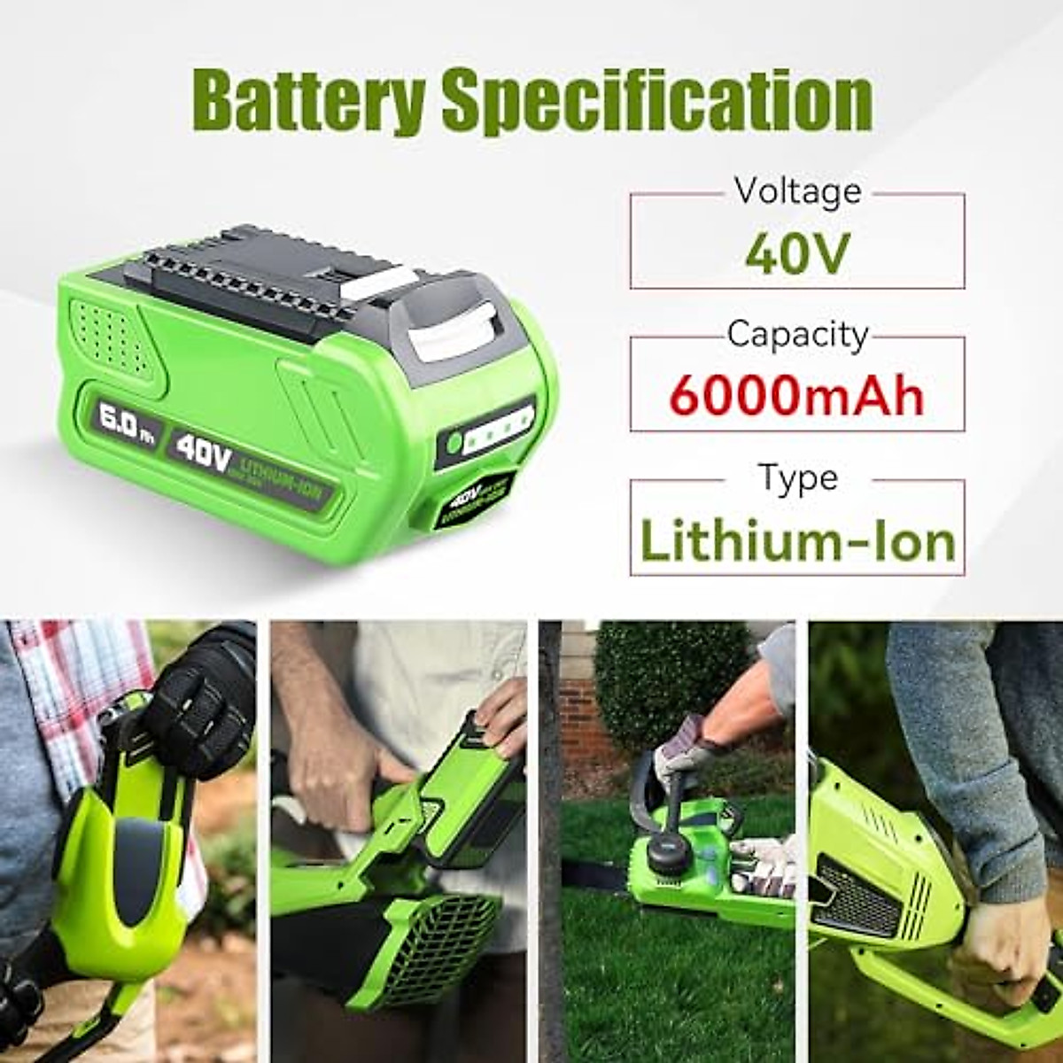 PDstation 6000mAh 40V 29462 Lithium Battery 29472 High-Output Battery Replacement for GreenWorks 40v Battery Compatible with GreenWork 40V G-MAX Power Tools 29252 20202 22262 25312 25322 20642 22272