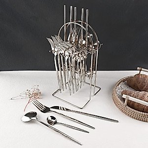 JASHII 24-Piece Stainless Steel Flat Flatware Set for 6, Fork Spoon Knife Set Eating Utensils Tableware with Holder for Kitchens Home and Restaurant, Dishwasher Safe - Shiny Silver