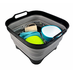 SAMMART 10L (2.64 Gallon) Collapsible Dishpan with Draining Plug - Foldable Washing Basin - Portable Dish Washing Tub - Space Saving Kitchen Storage Tray (Black/Alloy Grey)