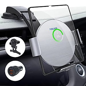 MAKAQI Wireless Car Charger for Galaxy Z Fold 4/3/2, Dual Coil Auto Clamping Wireless Car Charger Mount for iPhone 14/13/12/11 Pro Max/X, Fast Charging Car Holder for Galaxy Z Fold