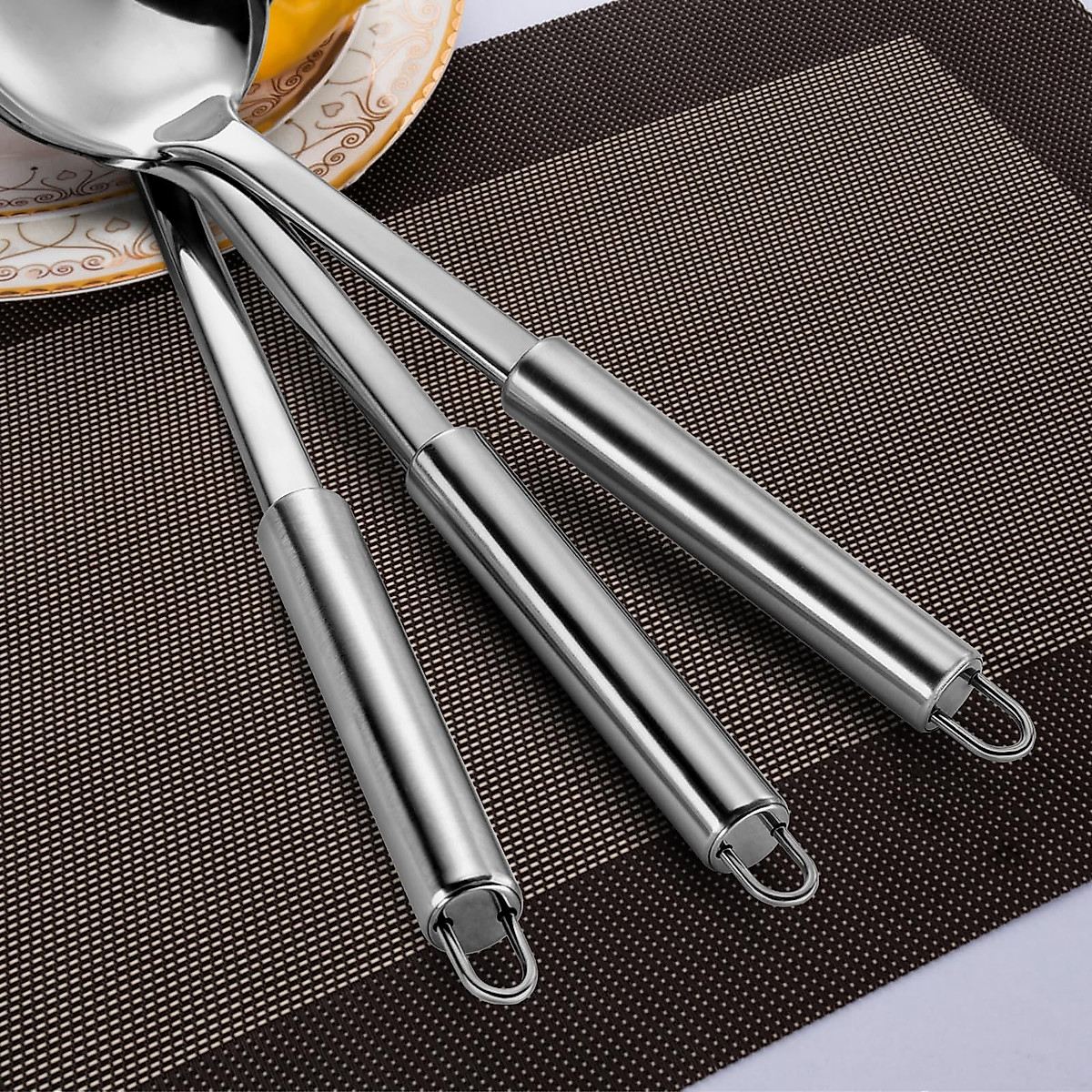 Pleafind Serving Utensils Set for Parties,3-Piece Silver Stainless Steel utensils set,Includes 1 Serving Spoon, 1 Slotted Spoon and 1 Soup Ladle,Serving Spoons for Buffet