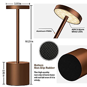 Sikevht 2 Pack Cordless LED Table Lamp, Fast Charge chip，Rechargeable Desk Lamps, 3-Levels Brightness LED Metal USB Table Light for Restaurant/Bedroom/Outdoor/Bar/Coffee Shop (2 Pack Brown)