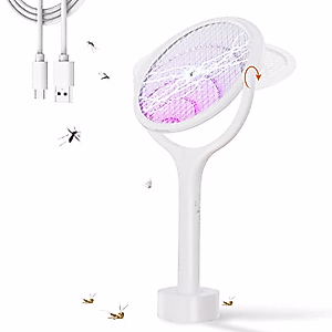 Dailytop Electric Fly Swatter, Rotatable Indoor Bug Zapper Racket, USB-C Rechargeable Mosquito Killer, 3500V High-Voltage Mosquito Zapper with UV Light, Standing Base, and Wall Mount