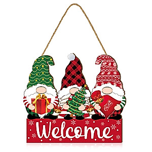 Christmas Door Sign Christmas Welcome Sign Wooden Gnome Hanging Sign Rustic Wood Hanging Sign with Ropes Xmas Winter Wall Plaque Decor for Front Door Porch Farmhouse Outdoor Home Decor