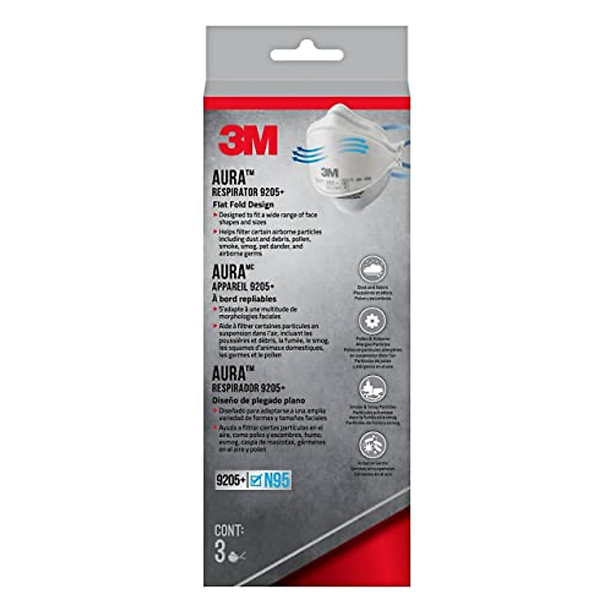 3M Aura Particulate Respirator 9205+ N95, Lightweight, 3 Panel Designed Helps Provide Comfortable and Convenient Respiratory Protection, 3-Pack