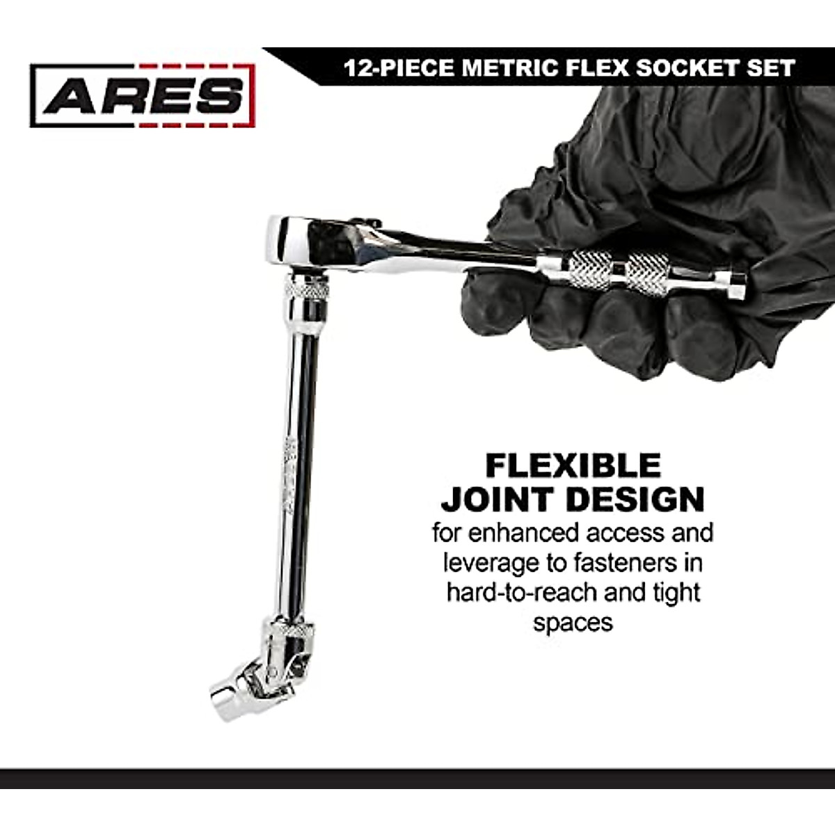 ARES 39009-12-Piece 1/4-Inch Drive Metric Flex Socket Set - 6 Point Sockets Constructed From Premium Heat Treated Chrome Vanadium Steel - Storage Rail Included