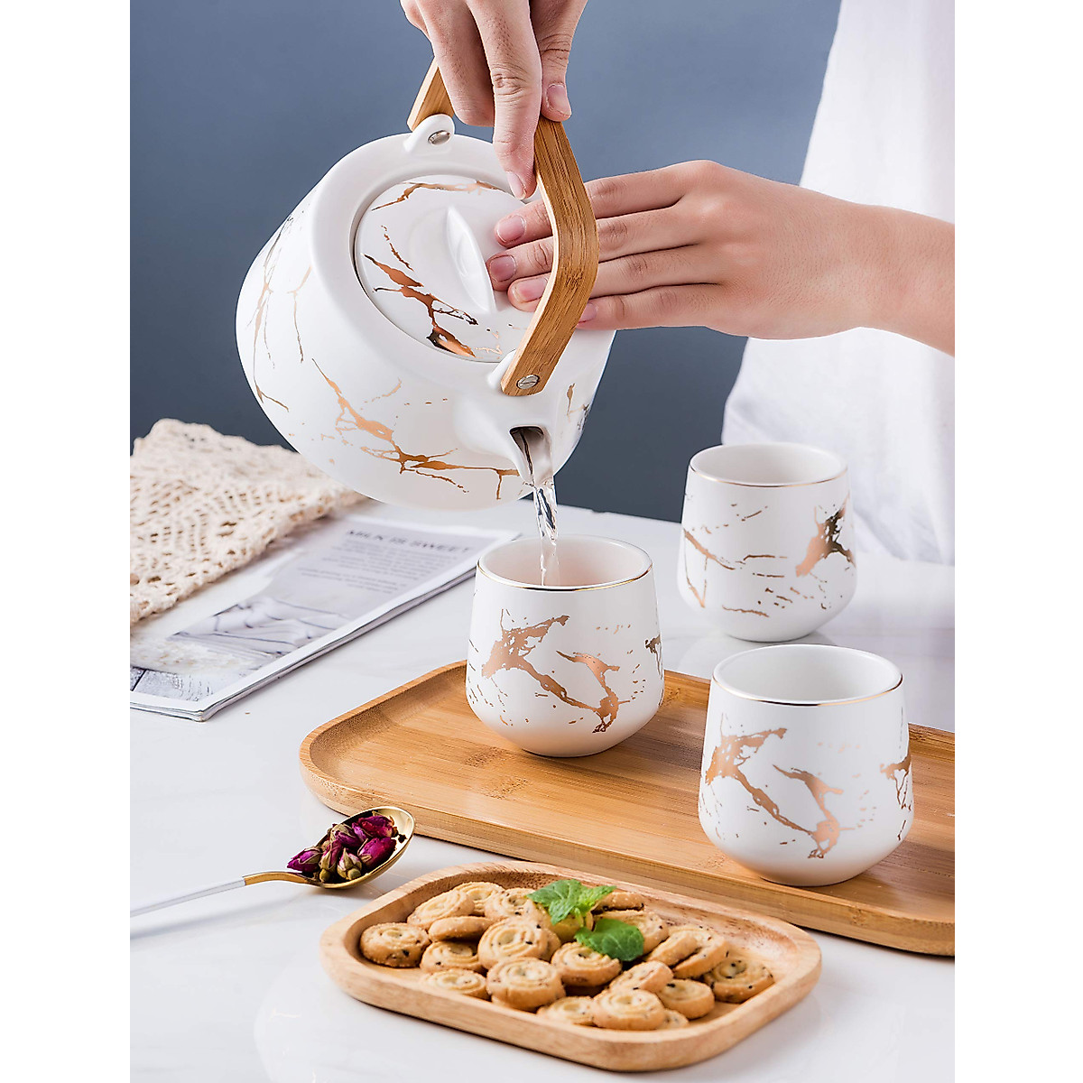 Jusalpha Marble Porcelain Teapot Set, Modern Japanese Tea Pot with Infuser for Loose Tea (40 OZ), 4-Piece Tea Cups (6.7 OZ) with Bamboo Tray - Tea Cups Set for Home and Restaurant, FDJPT4 (White)