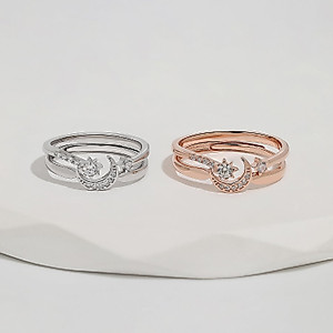 Meissa Celestial Moon and Star Ring Set Matching Promise Ring Gold Plated Stackable Ring Friendship Rings Handmade Sterling Silver Jewelry Gift for Women Teen Girls
