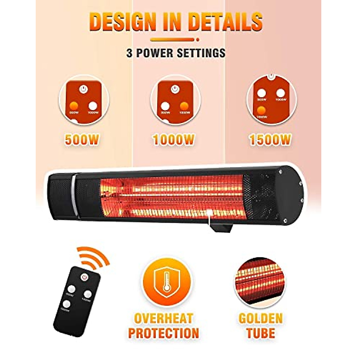 Electric Patio Heater, 1500W Outdoor Heater with 3 Power Settings, Infrared Heater with Remote Control, Overheat Protection, Wall Mounted Space Heater, In/Outdoor
