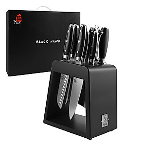 TUO Kitchen Knife Set - 10 Pieces Knife Set with Wooden Block - Premium Forged German Stainless Steel, Ergonomic Pakkawood Handle - Black Hawk Series with Gift Box