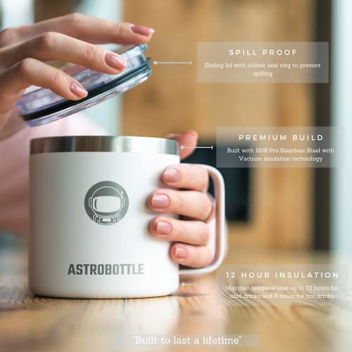 Triple Insulated Stainless Steel Coffee Mug, Vacuum Insulated with sipping Lid, Double Walled, Thermos Mug, AstroBottle/Astro Bottle (14 oz Supernova White)