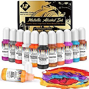 Metallic Alcohol Ink Set-12 Metal Colors Alcohol Ink,Metallic Alcohol Inks for Epoxy Resin Coloring,Concentrated Shimmer Alcohol Paint Color Dye,Resin Petri Dish,Resin Art,Ink for Resin(12 x 10ml)